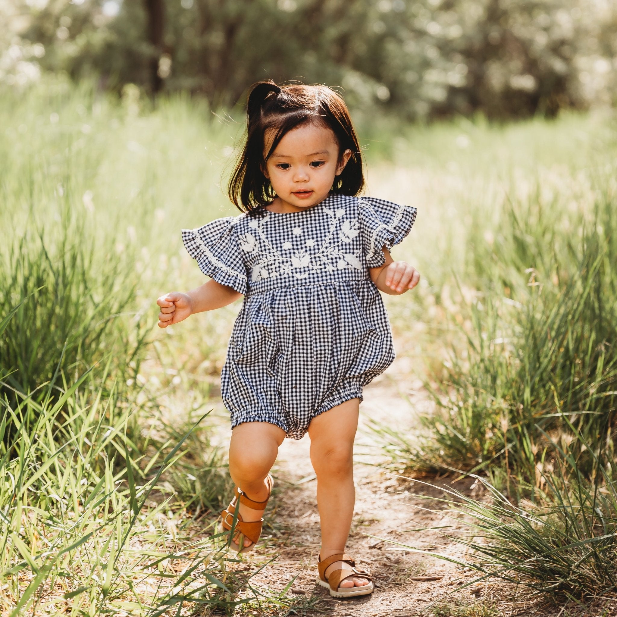 Gingham Embroidered Romper 0-2Y | Handmade | LARILI