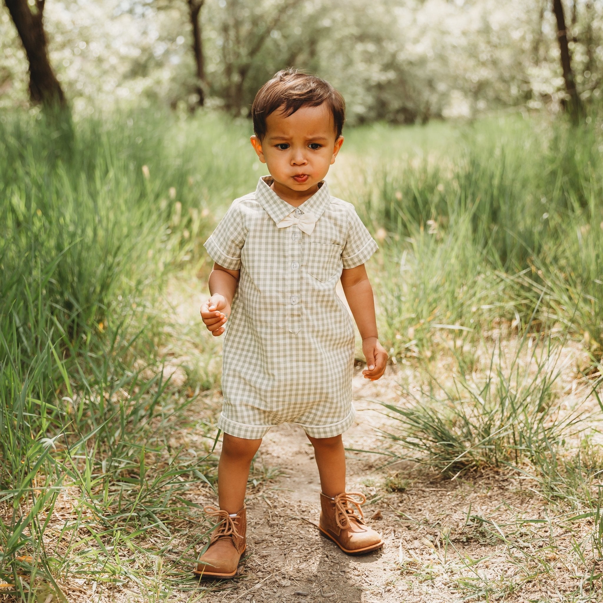 Green Gingham Boy Bubble 0-2Y | Handmade Cotton | LARILI